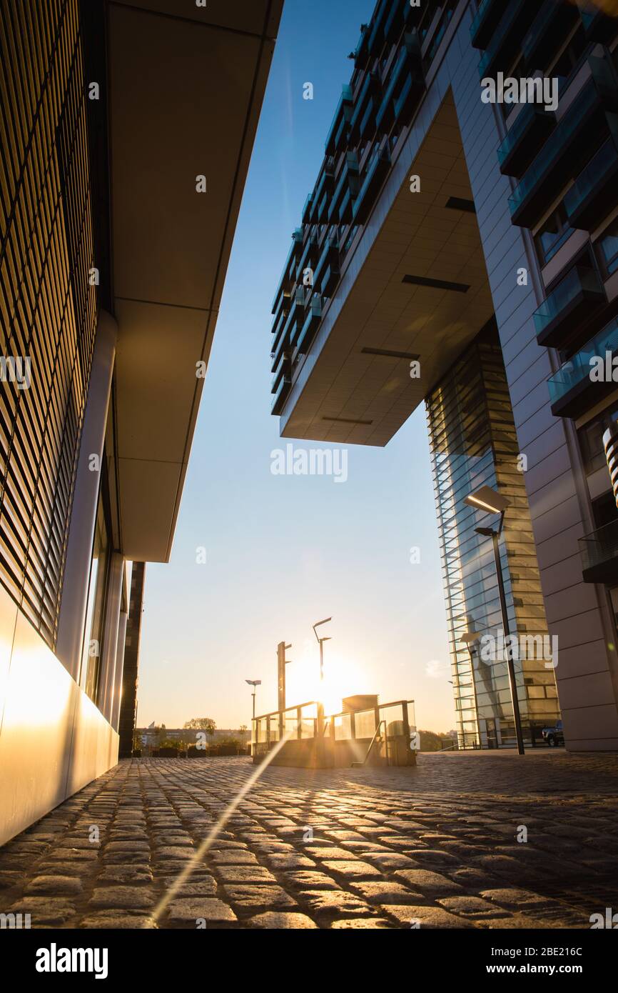 Modern german glass Crane Houses architecture in Cologne in morning ...