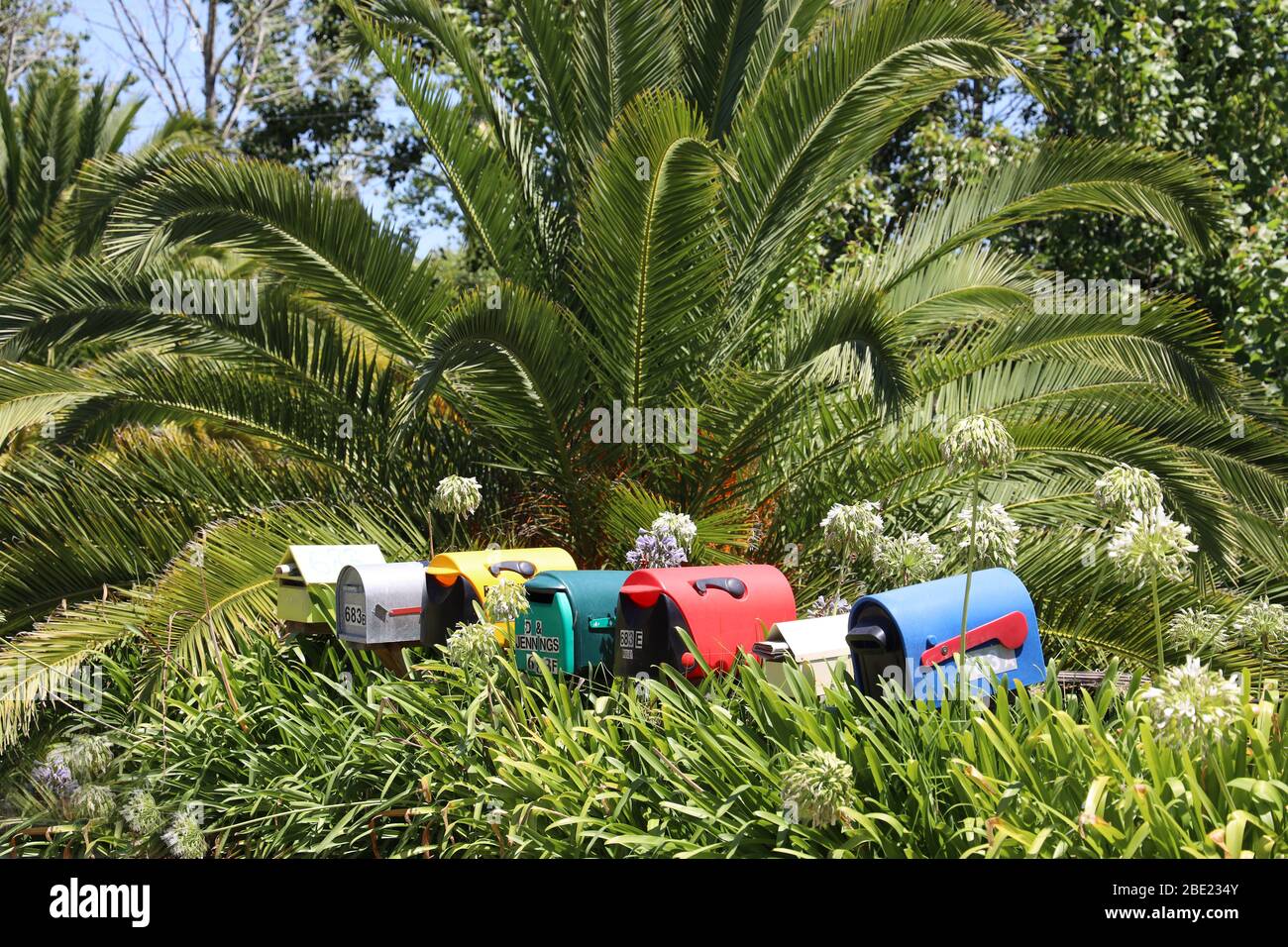 Mailboxes. Brightly coloured American style mail boxes in a row ...