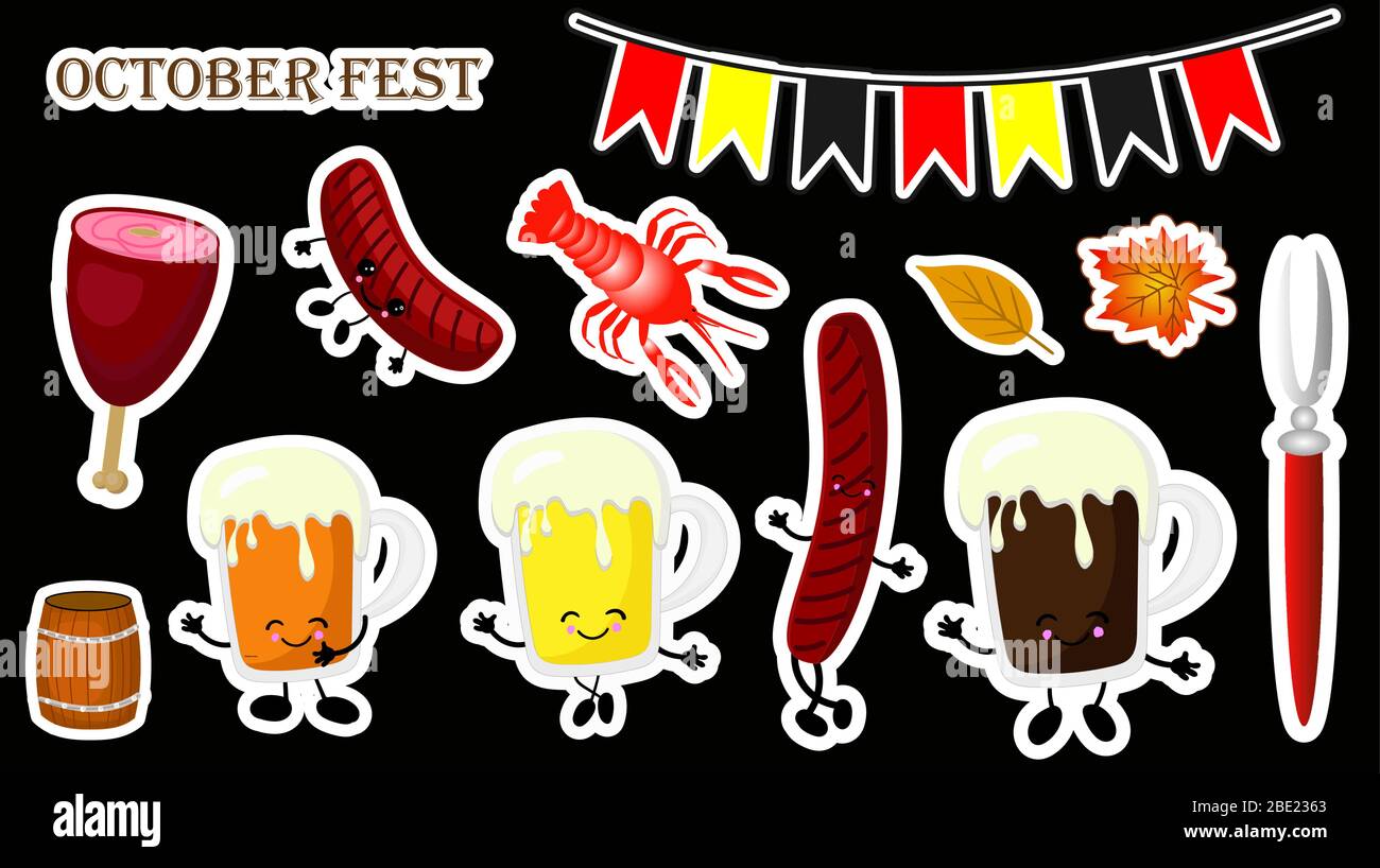 Oktoberfest stickers autumn leaves, Germany flag on black background ...