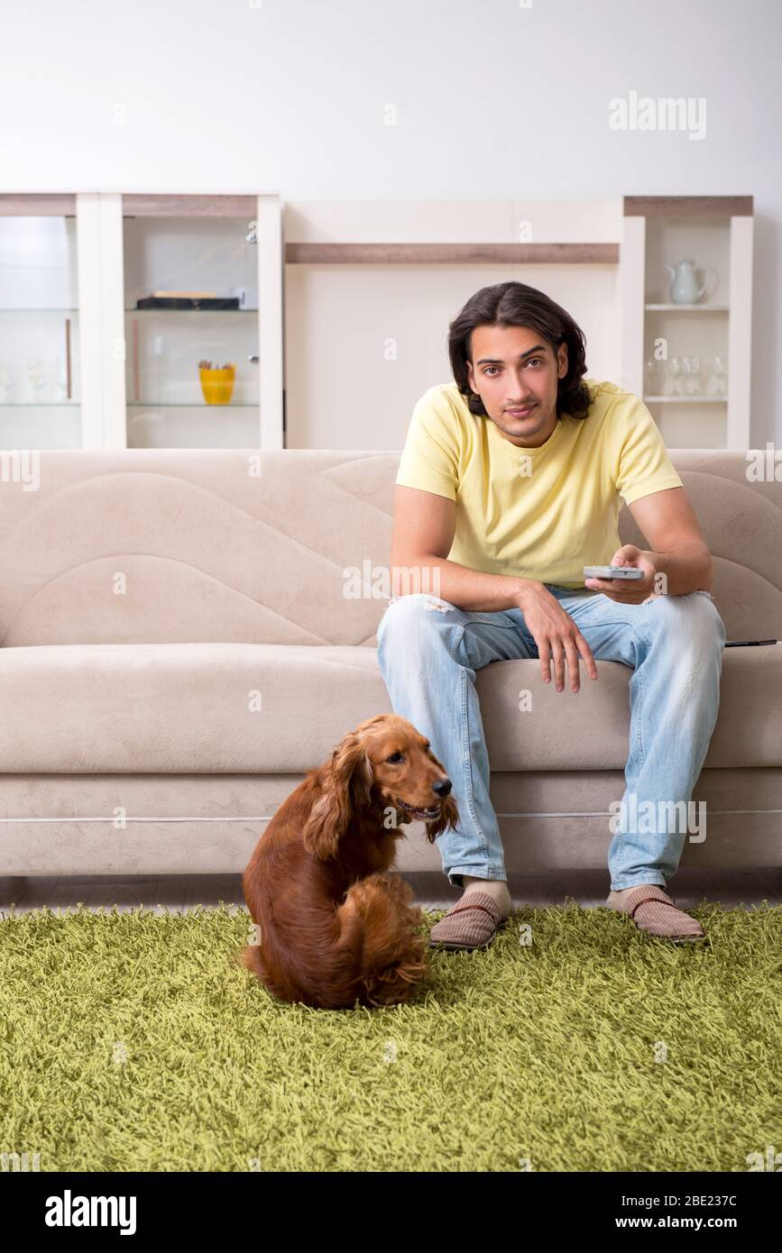 Young man with cocker spaniel Stock Photo - Alamy