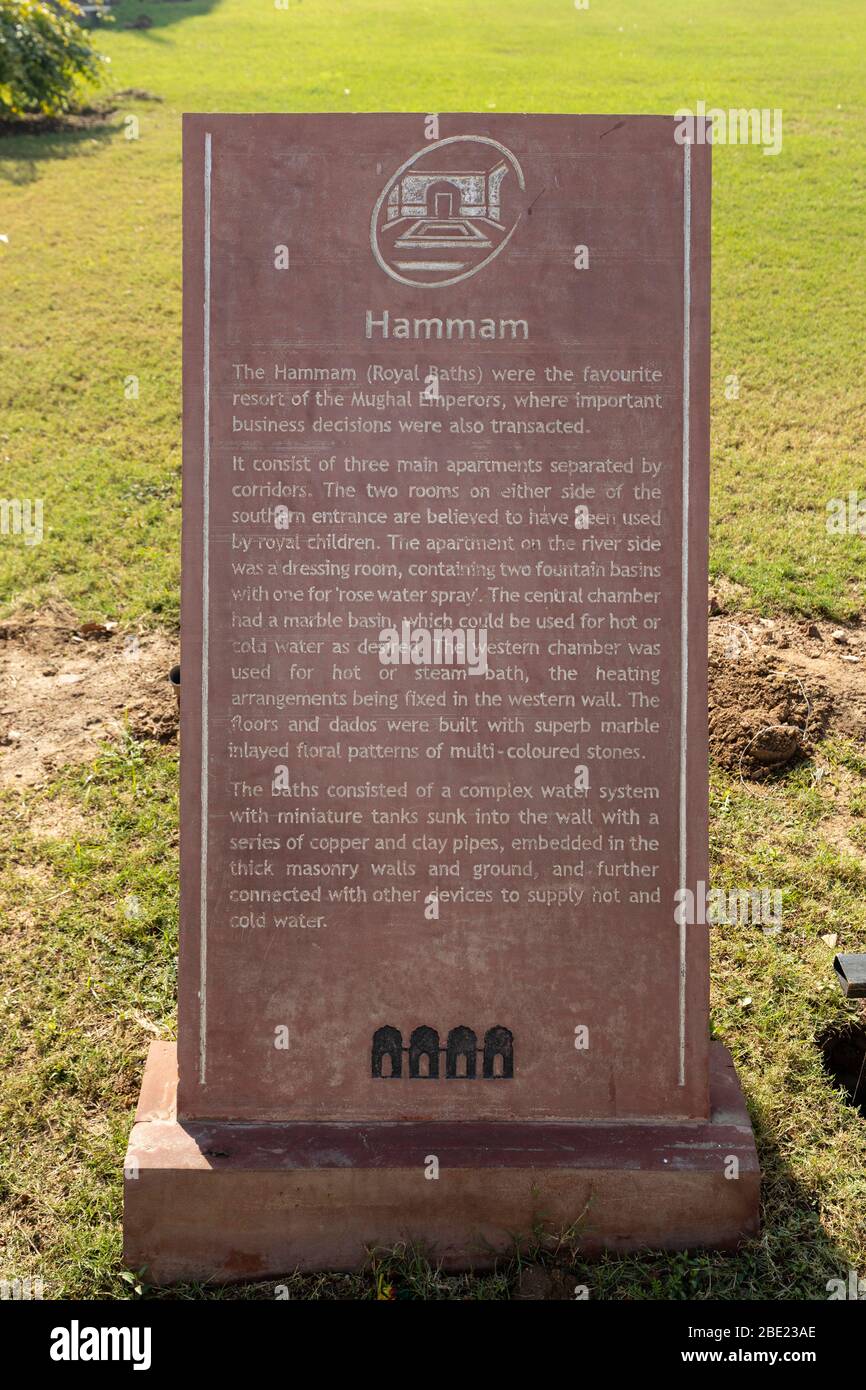Signboard of Hammam inside the famous Red Fort in New Delhi, India ...