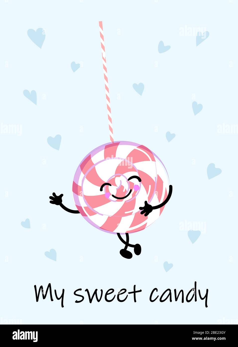 Cartoon kawaii sweet food - pink smiling candy on white background ...