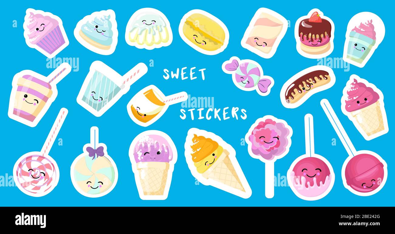 Set of cute sweet icons in kawaii style with smiling face and pink ...