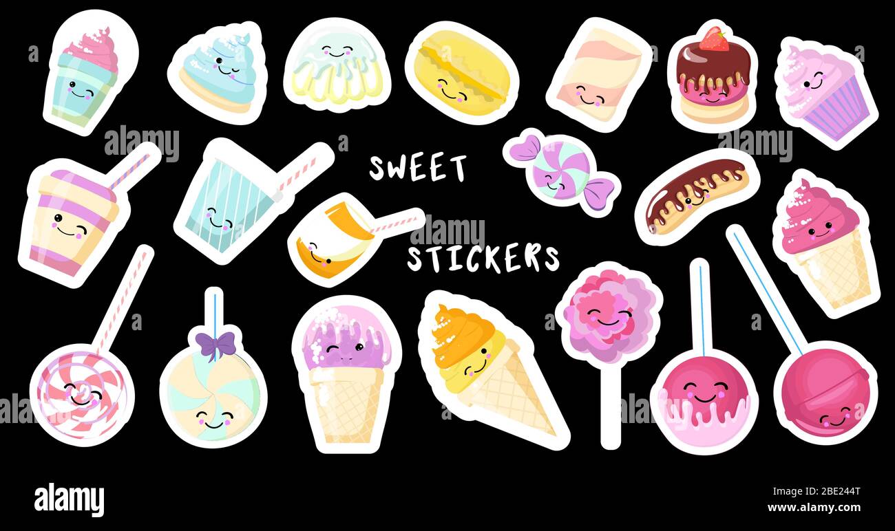 Set of cute sweet icons in kawaii style with smiling face and pink ...