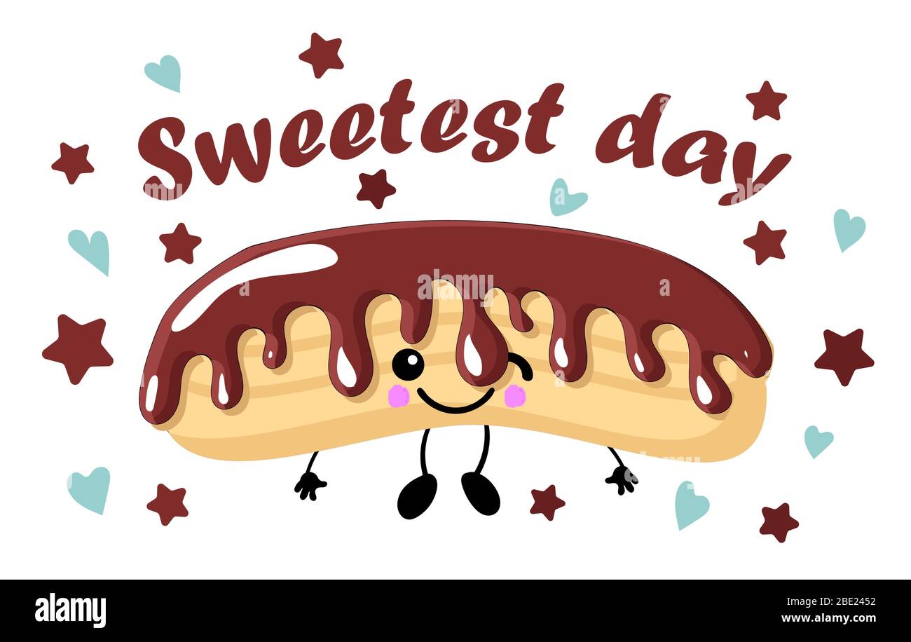 national day of sweets. greeting card with eclair. chocolate glaze ...