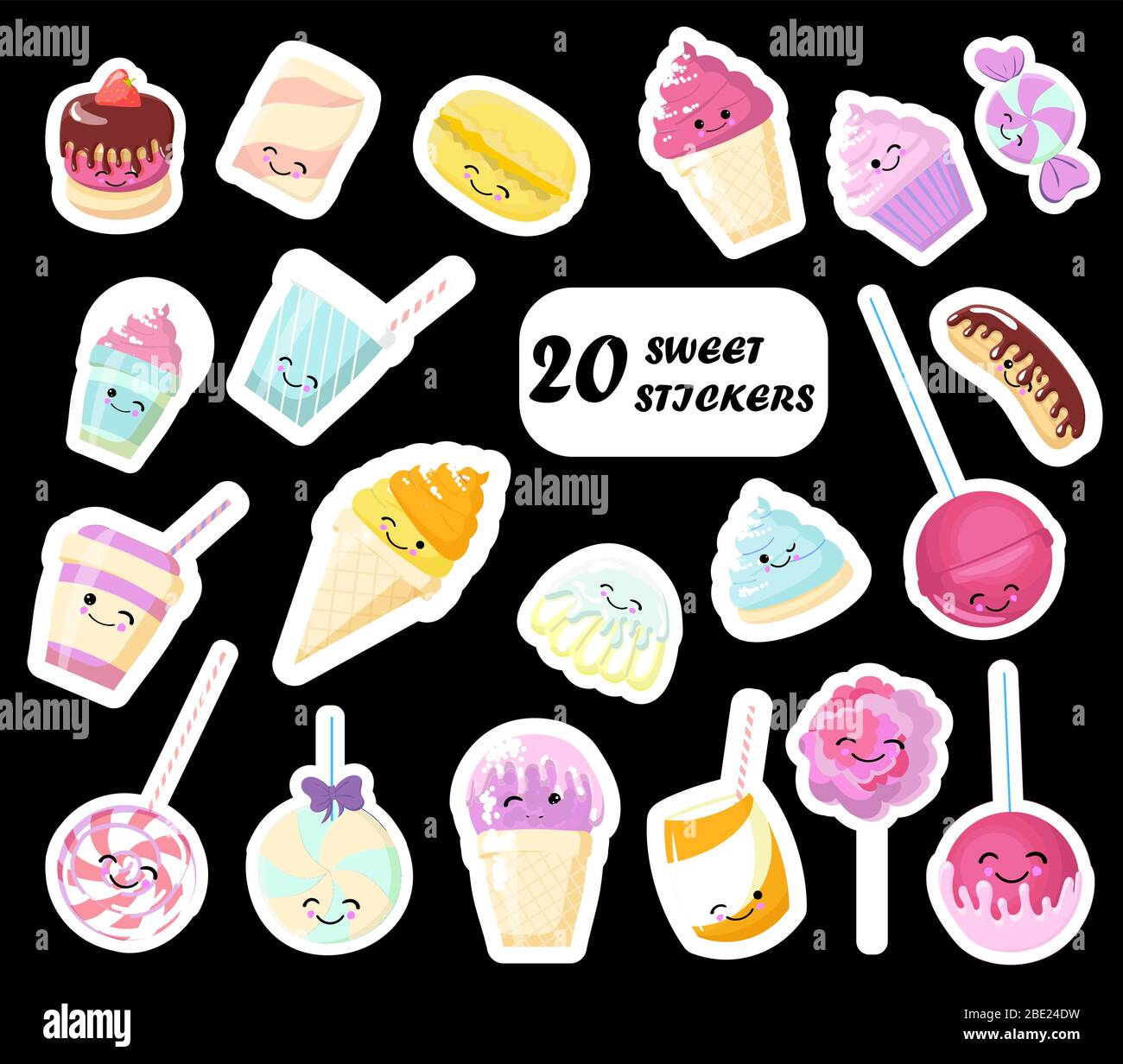 Set of cute sweet icons in kawaii style with smiling face and pink ...