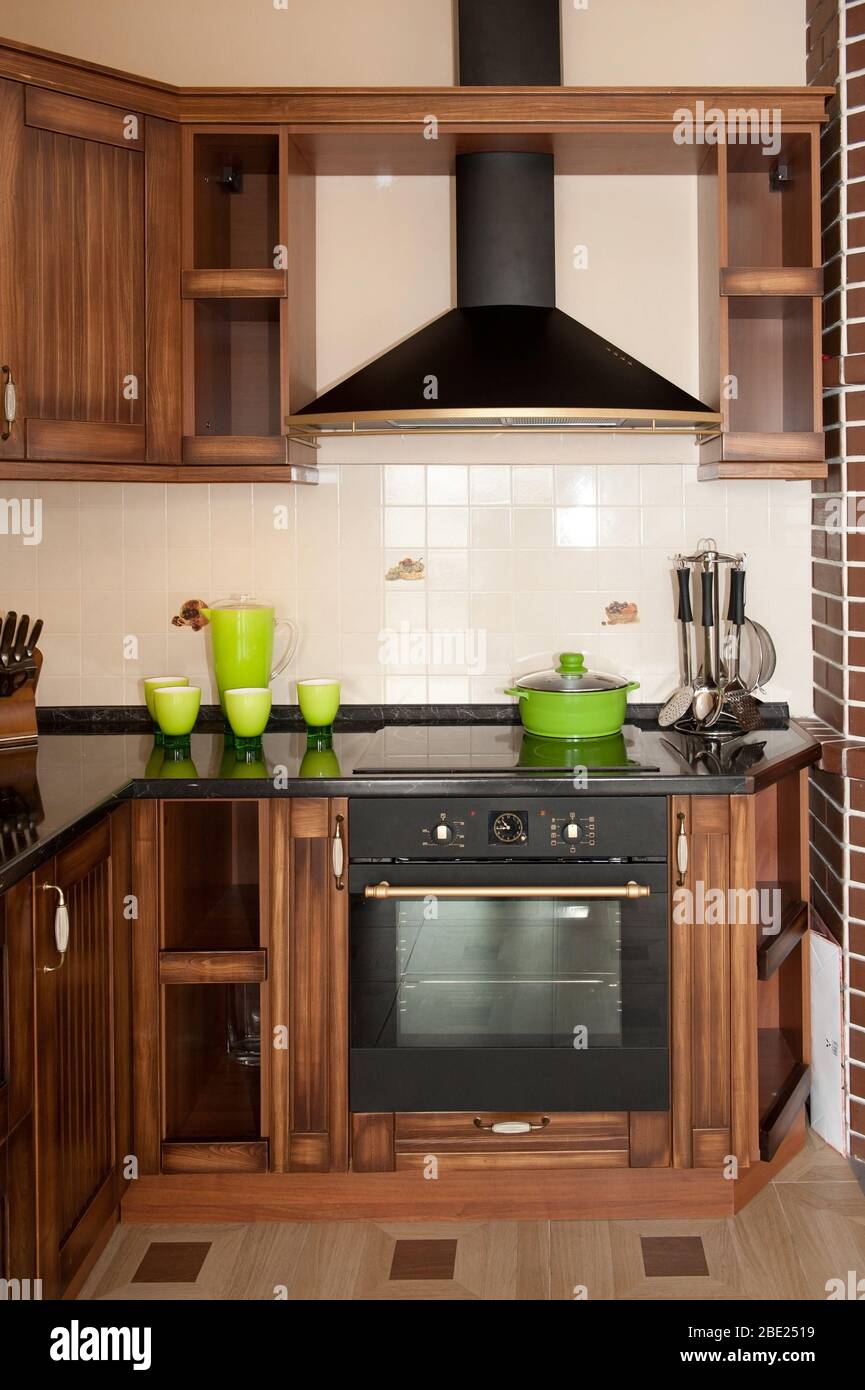 Kitchen interior. Kitchen set made of wood Stock Photo - Alamy