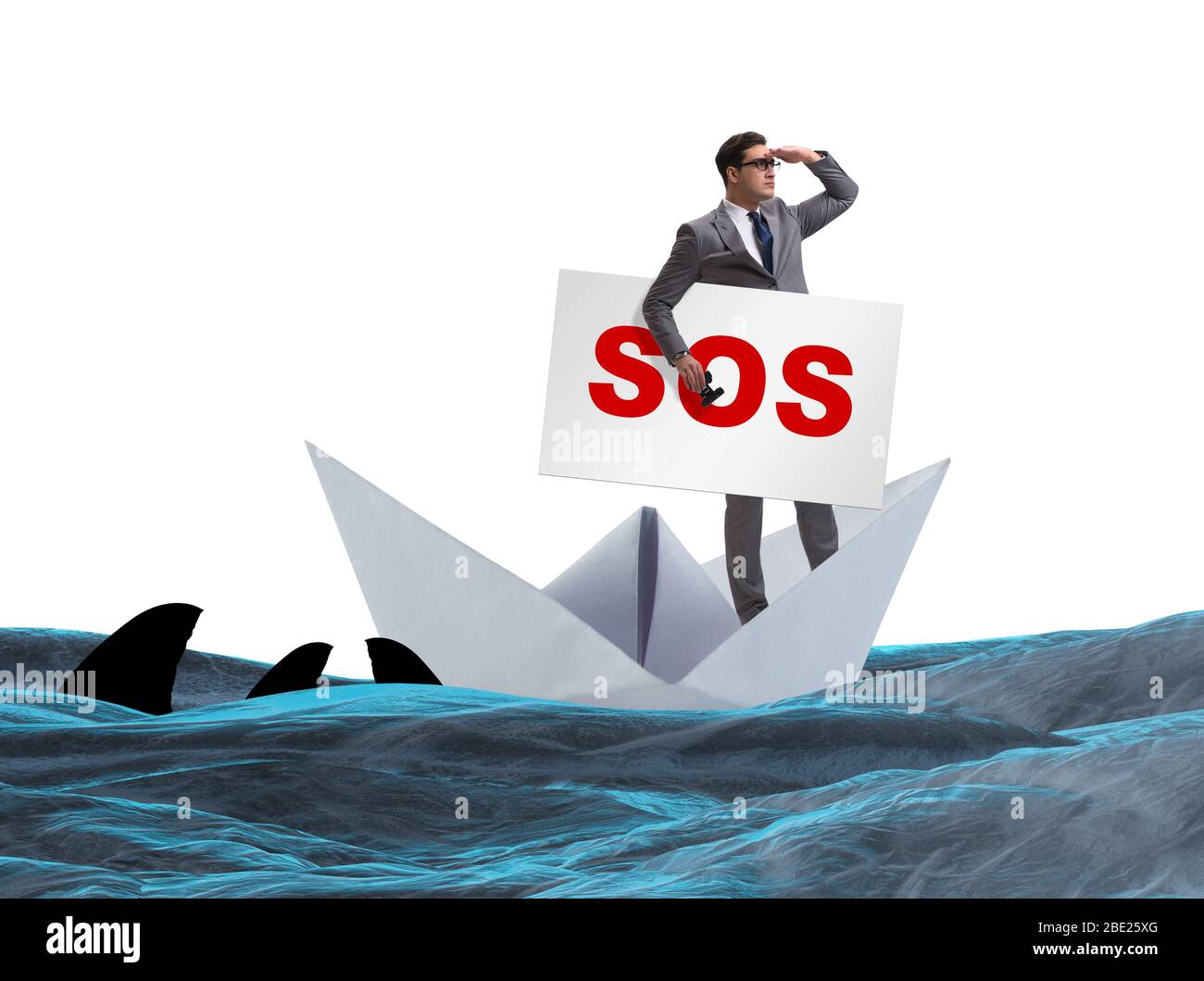 The businessman asking for help with sos message on boat Stock Photo ...