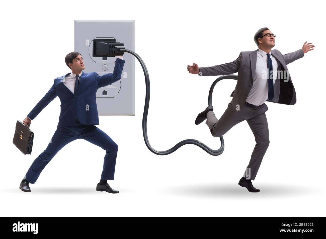 The businessman being powered by electricity and plug Stock Photo - Alamy