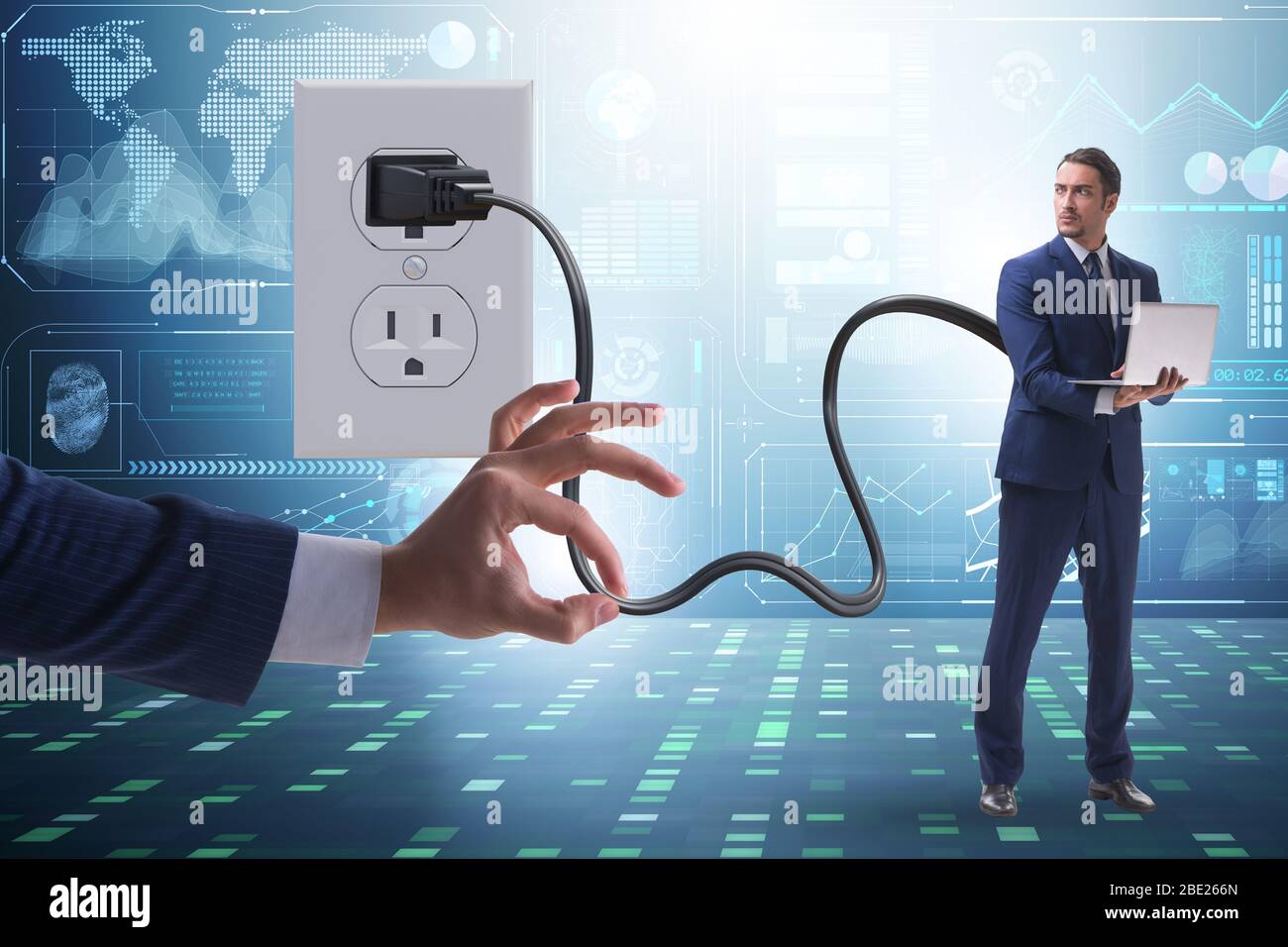 The businessman being powered by electricity and plug Stock Photo - Alamy