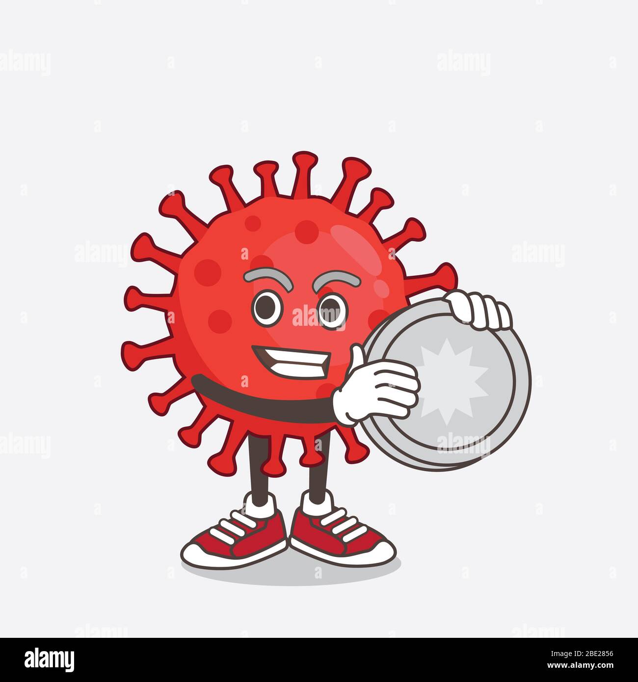An illustration of Red Virus cartoon mascot character holding a silver ...