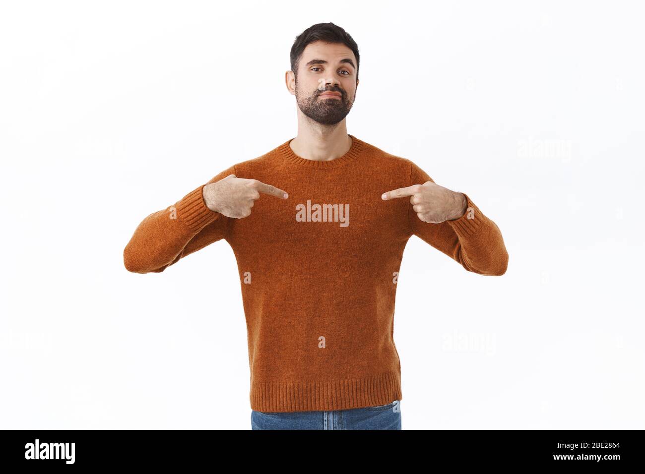 Portrait of professional, boastful confident bearded guy pointing at ...