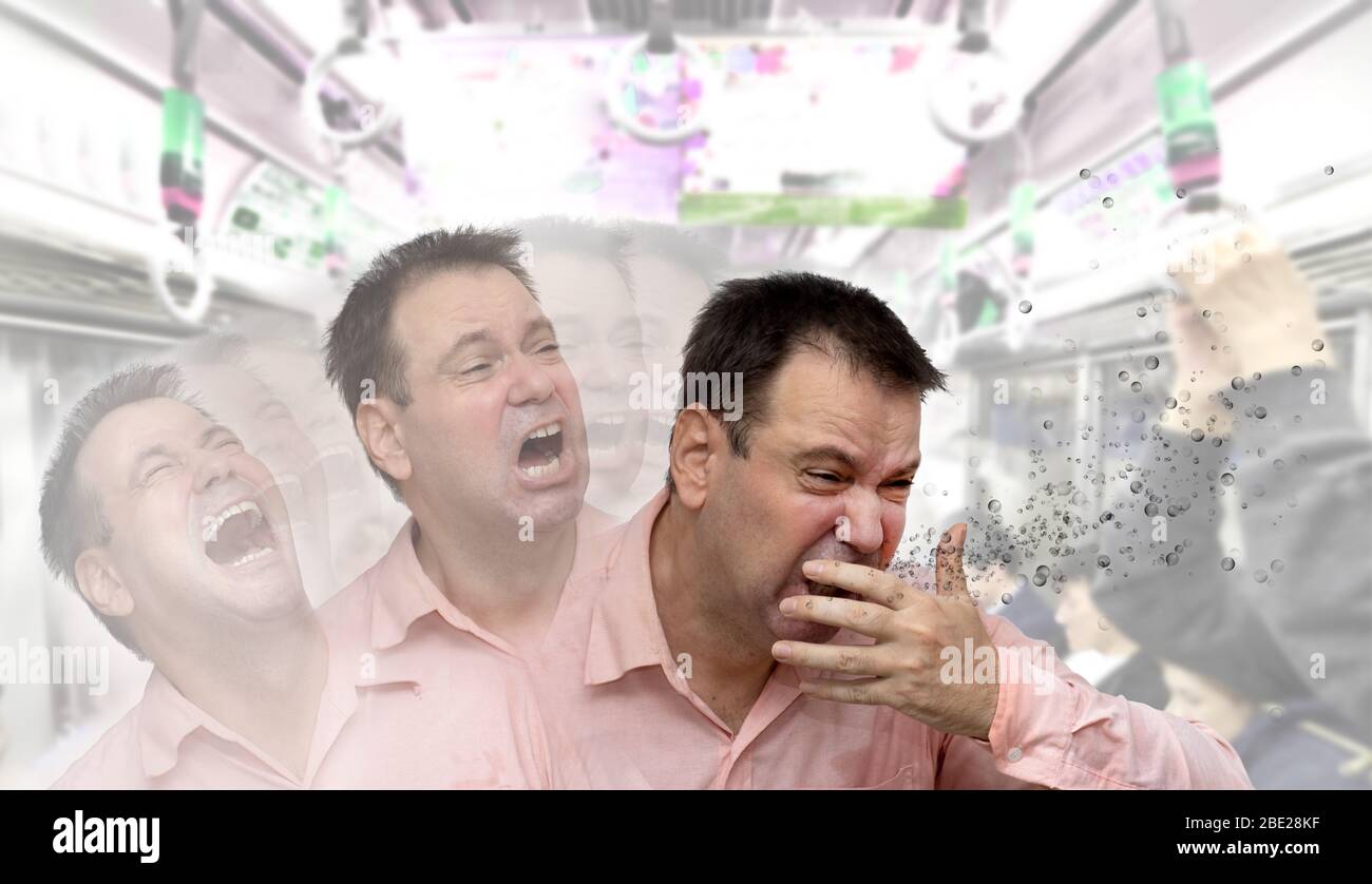 A man is coughs to his hand, on a background a wagon of train public ...