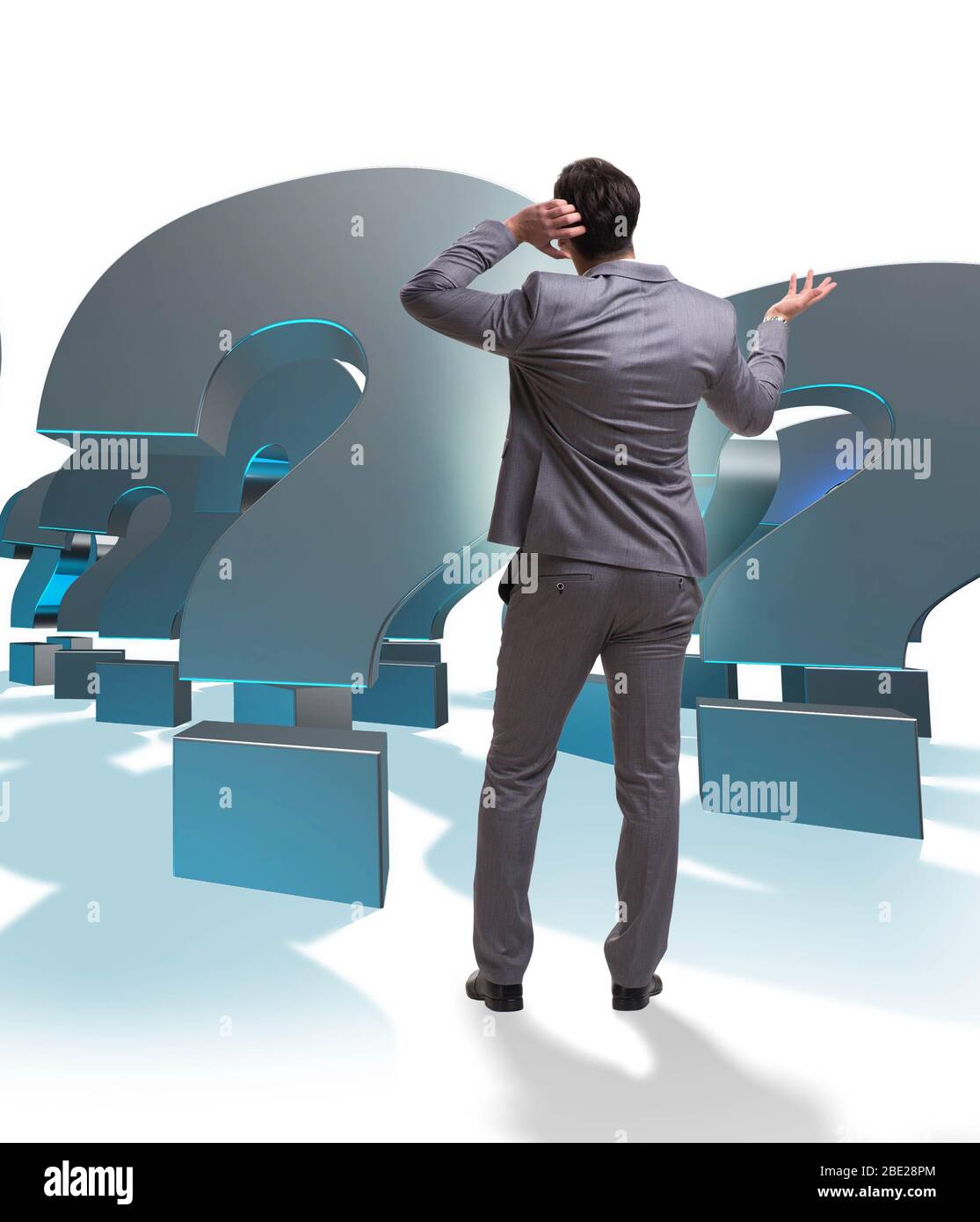 The businessman with question marks isolated on white Stock Photo - Alamy