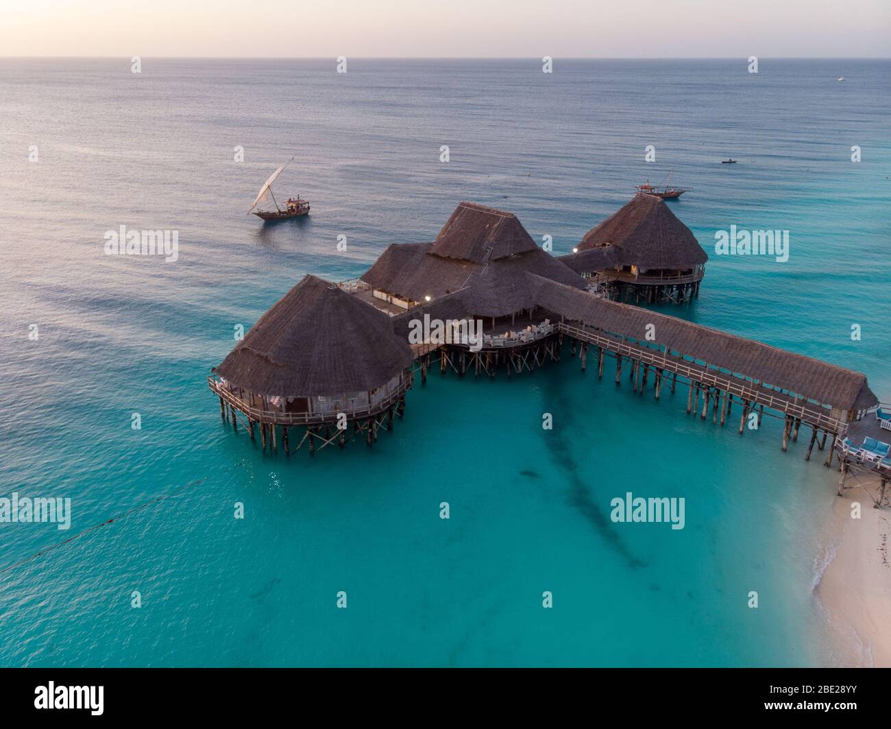 Top View on Beautiful thatch stilt house restaurant at Zanzibar Kendwa ...