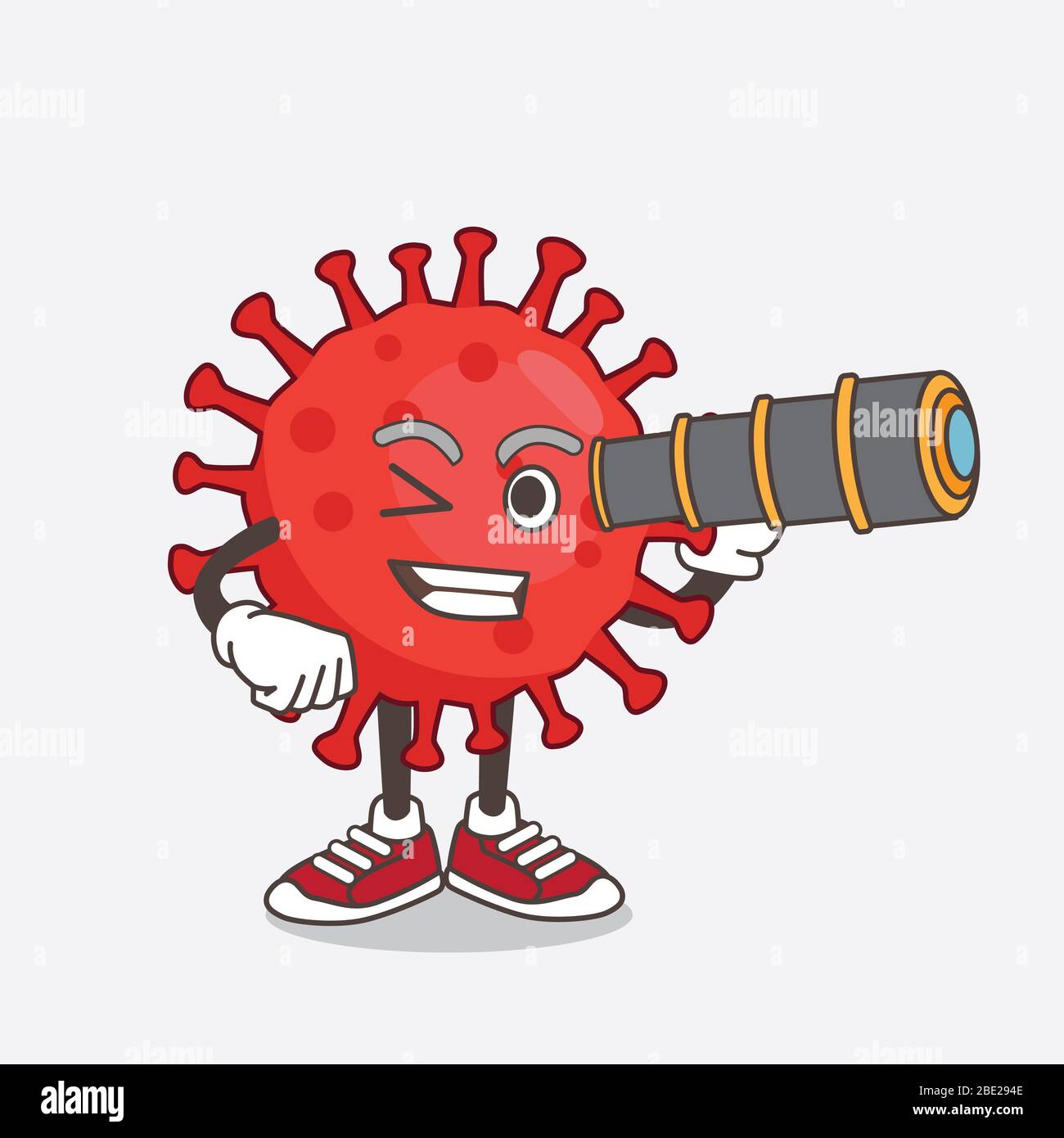 An illustration of Red Virus cartoon mascot character using a monocular ...