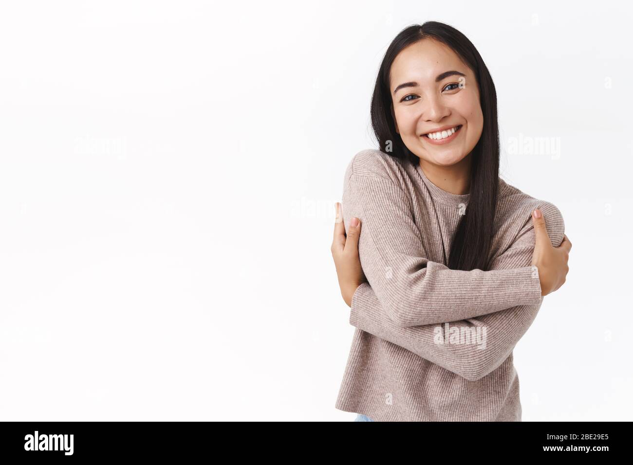 Tenderness, comfort and emotions concept. Cheerful lovely adorable ...