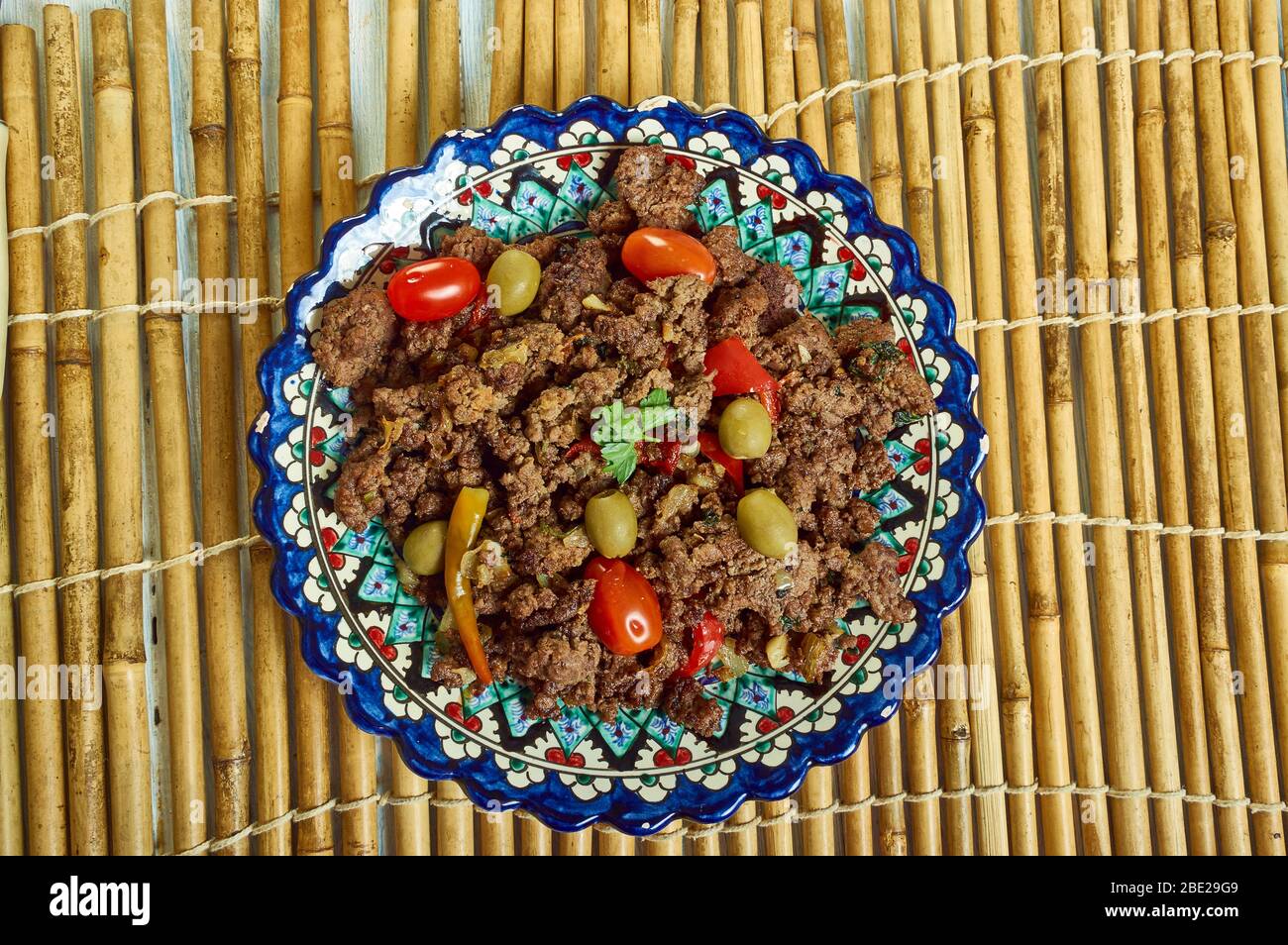 Tajine minced meat, Beef Shakshuka, tajine dish Stock Photo - Alamy