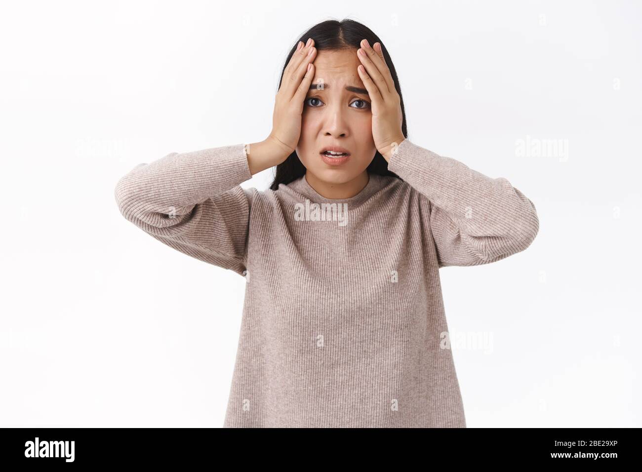 Troubled indecisive and sad young cute asian girl have problems with ...