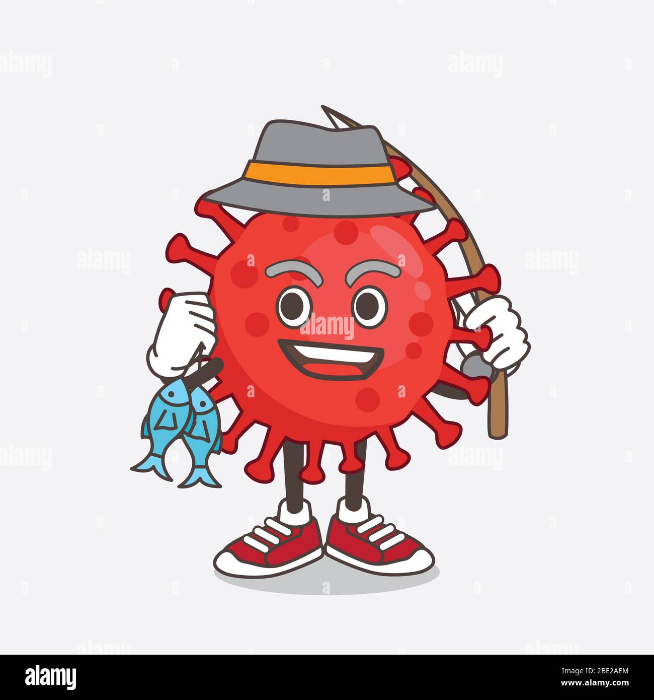 An illustration of Red Virus cartoon mascot character fishing with 2 ...