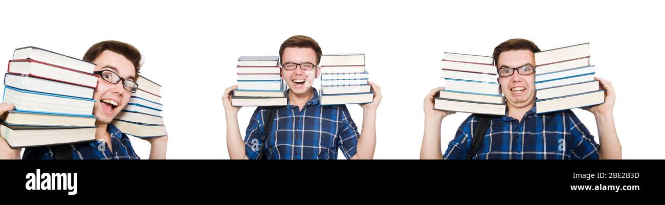 The funny student with stack of books Stock Photo - Alamy