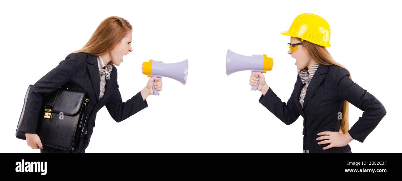 The female construction worker with loudspeaker isolated on white Stock ...