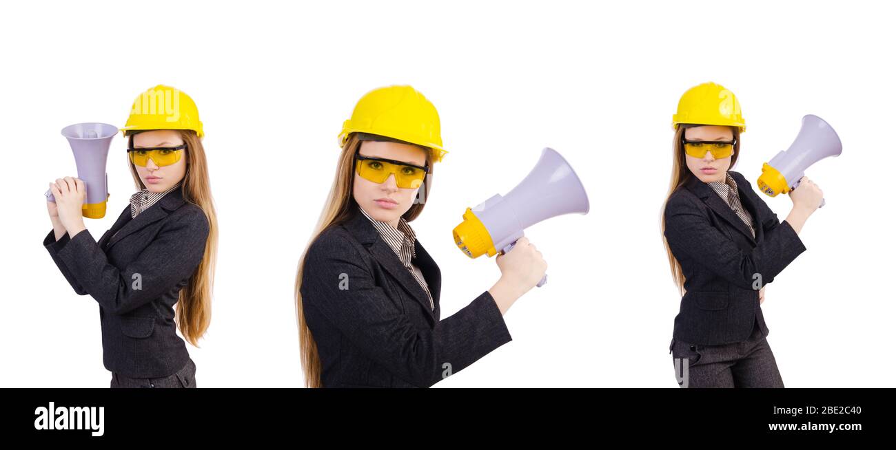 The female construction worker with loudspeaker isolated on white Stock ...