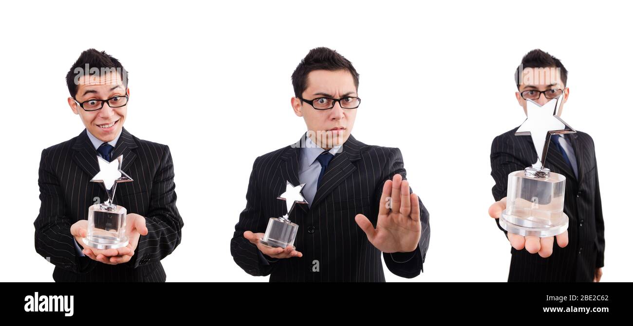 The funny guy receiving award on white Stock Photo - Alamy