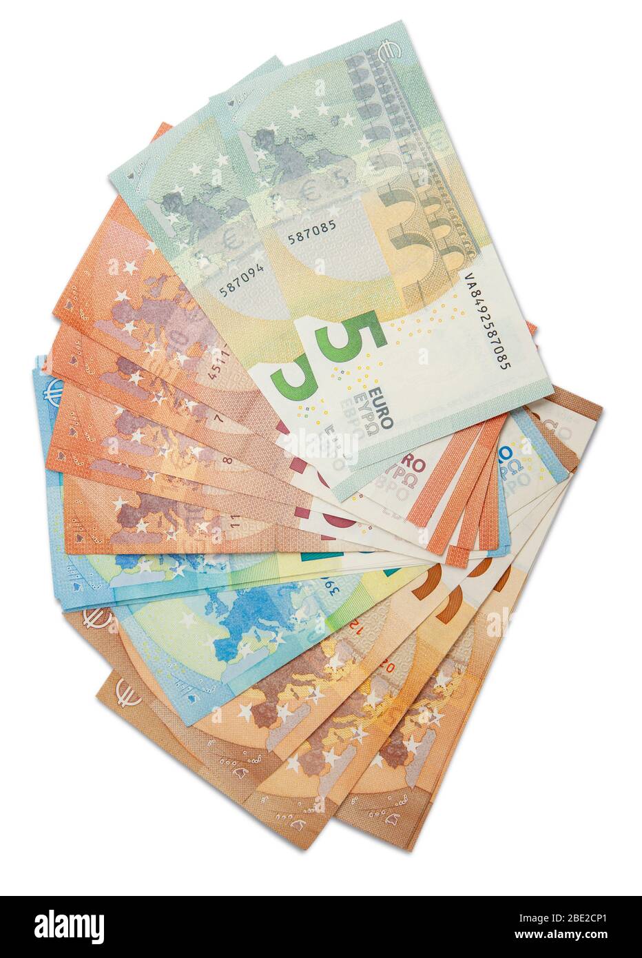 Euro banknotes of various denominations isolated on white Stock Photo ...