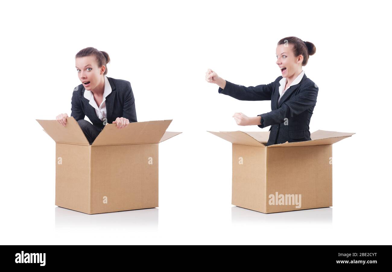 The woman with boxes on white Stock Photo - Alamy