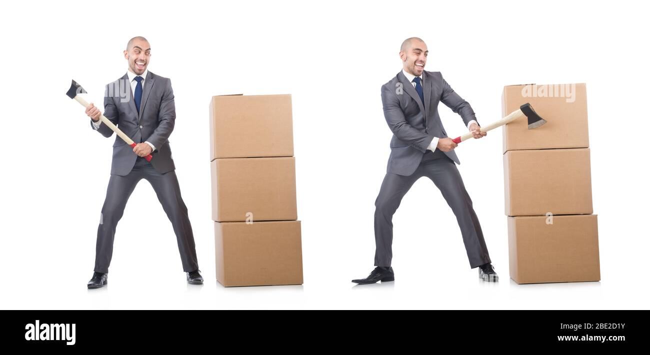 The man with axe and boxes on white Stock Photo - Alamy