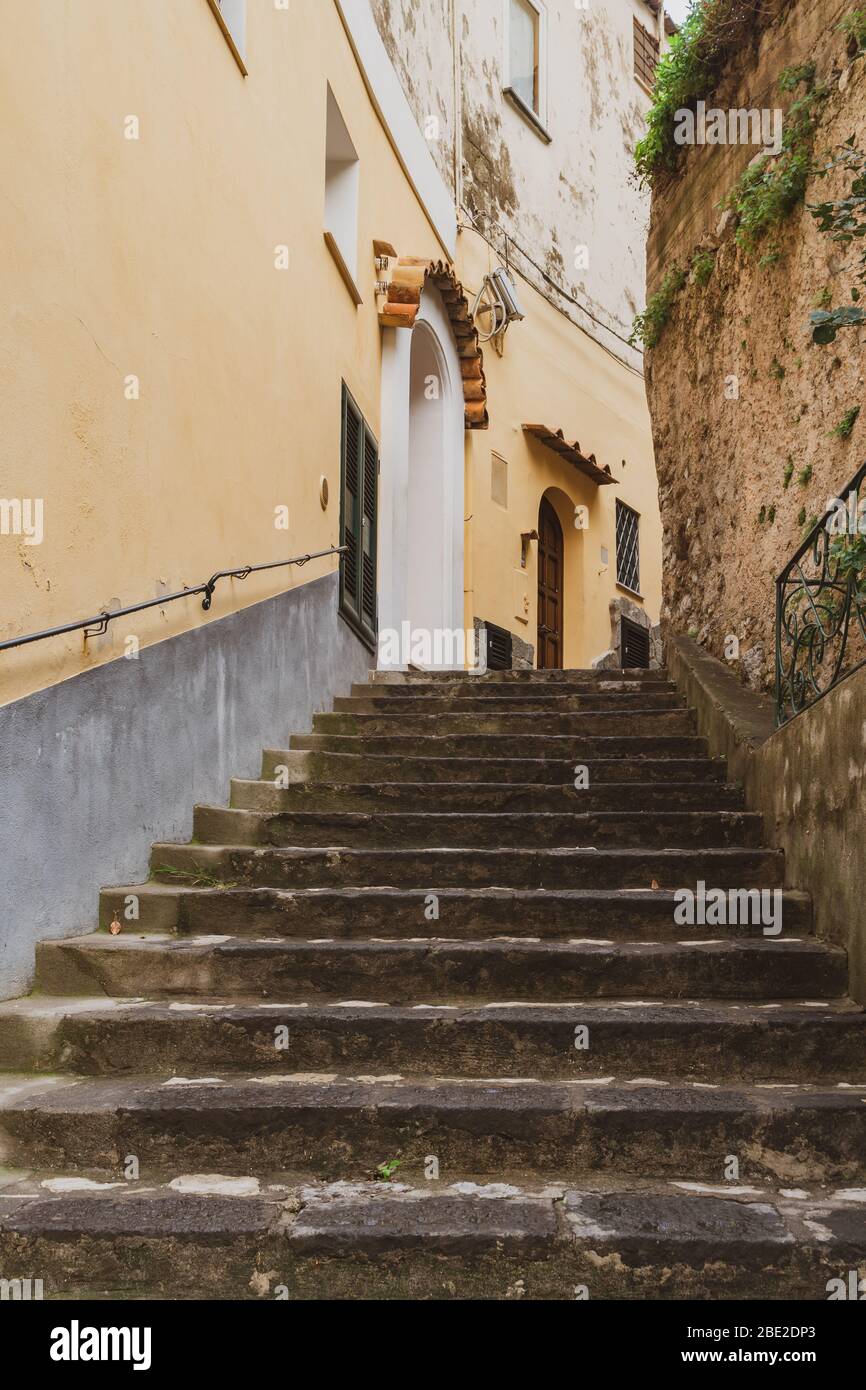 Narrow stairs and streets in the tourist village of Positano, Amalfi ...