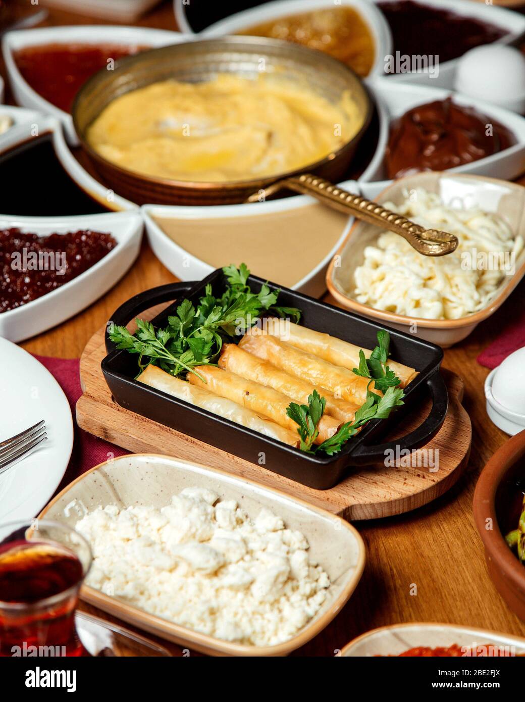 finger flatbread wrap with cheese and dill served for breakfast table ...