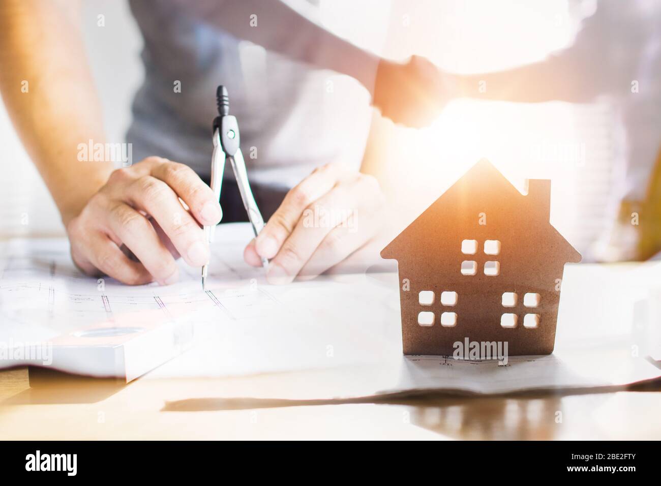 architect working and planning blueprint, Engineering objects on ...