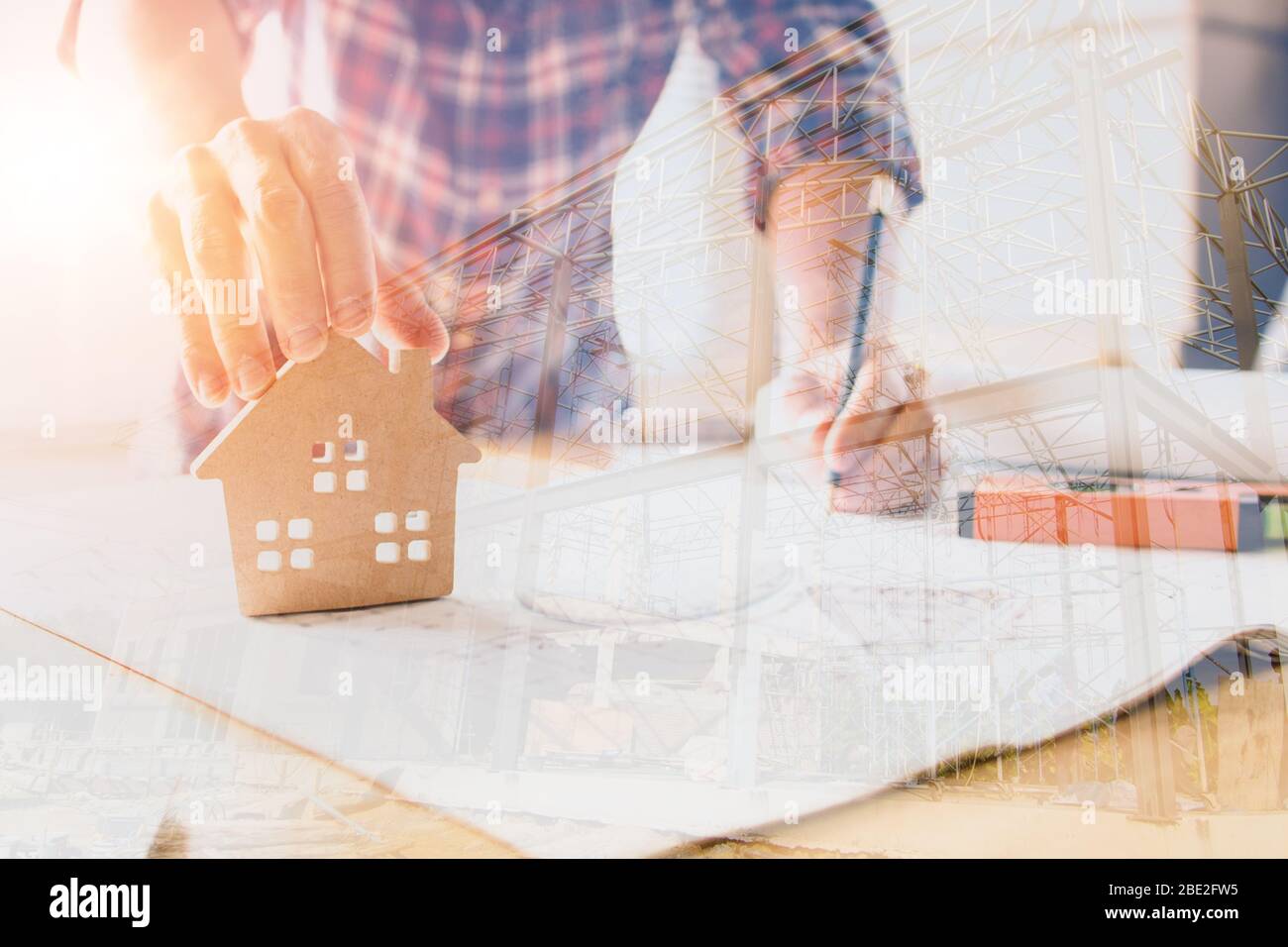 architect working and planning blueprint, Engineering objects on ...