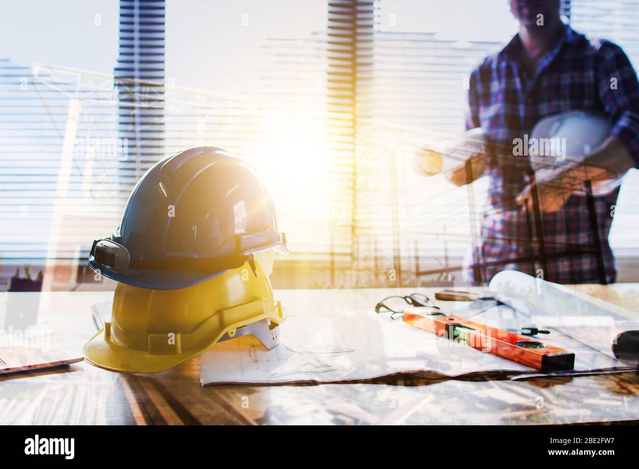 architect working and planning blueprint, Engineering objects on ...