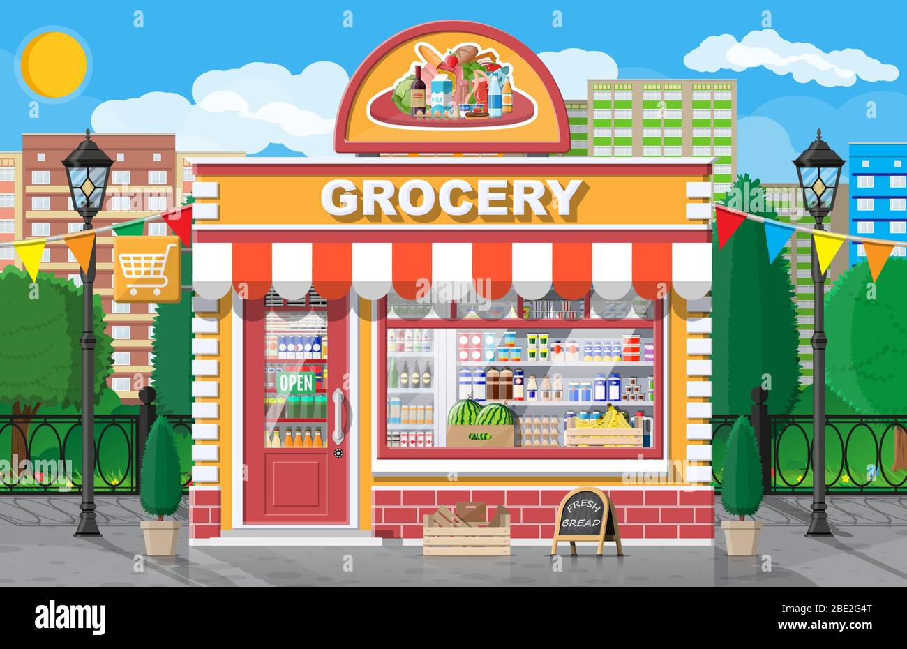 Grocery store front with window and door. Wooden and brick facade ...