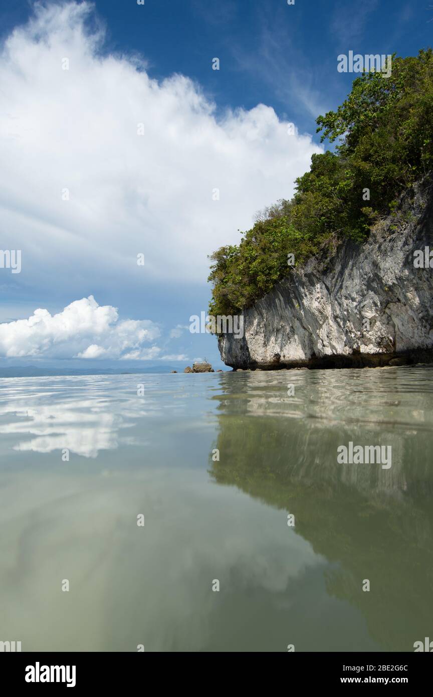 Tropical white limestone cliff over the calm sea in Kri island, Raja ...
