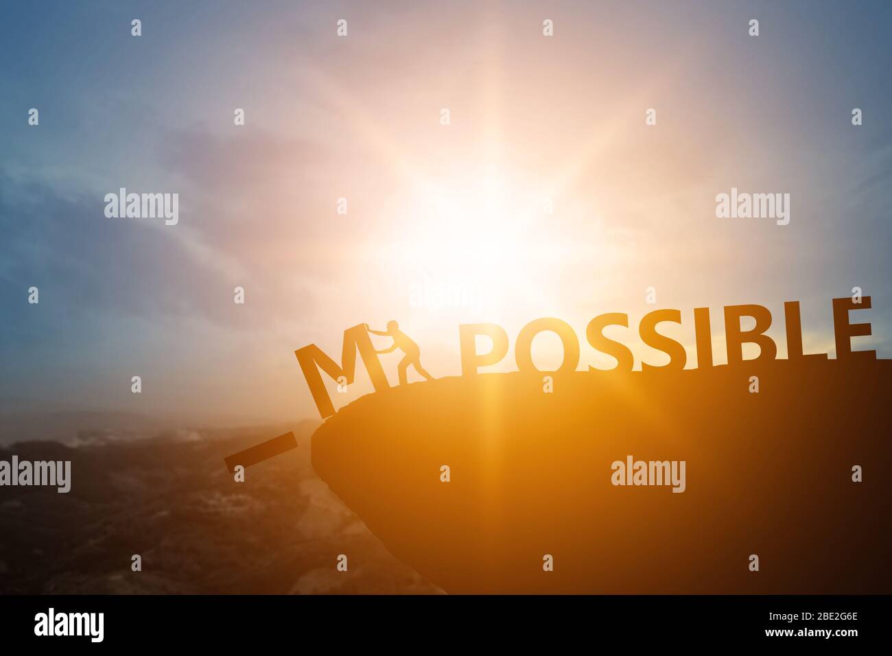 Silhouette of people success and chance impossible to possible text on ...