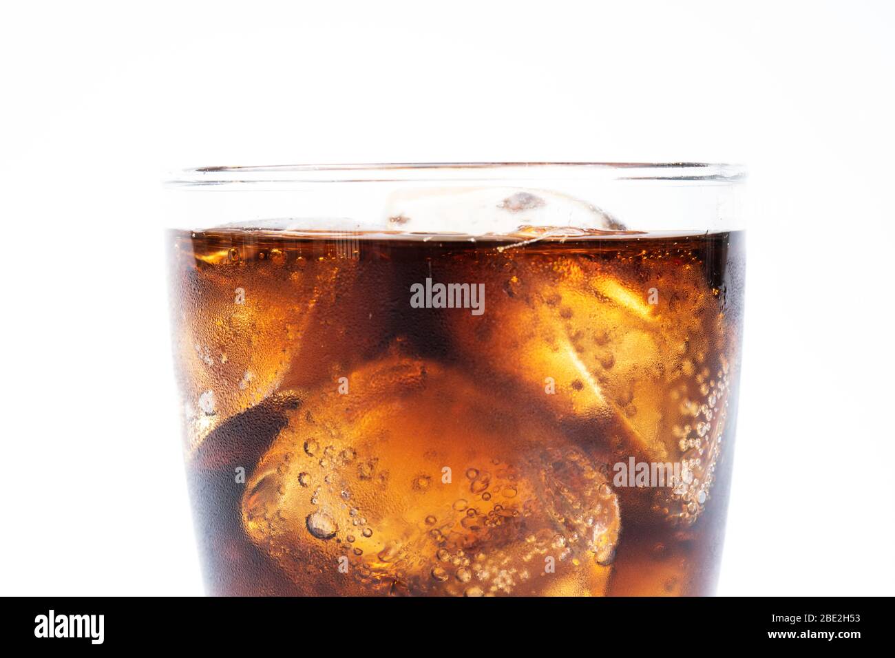 Close up cold drinking, soda with ice, glass of cola for hot and summer ...