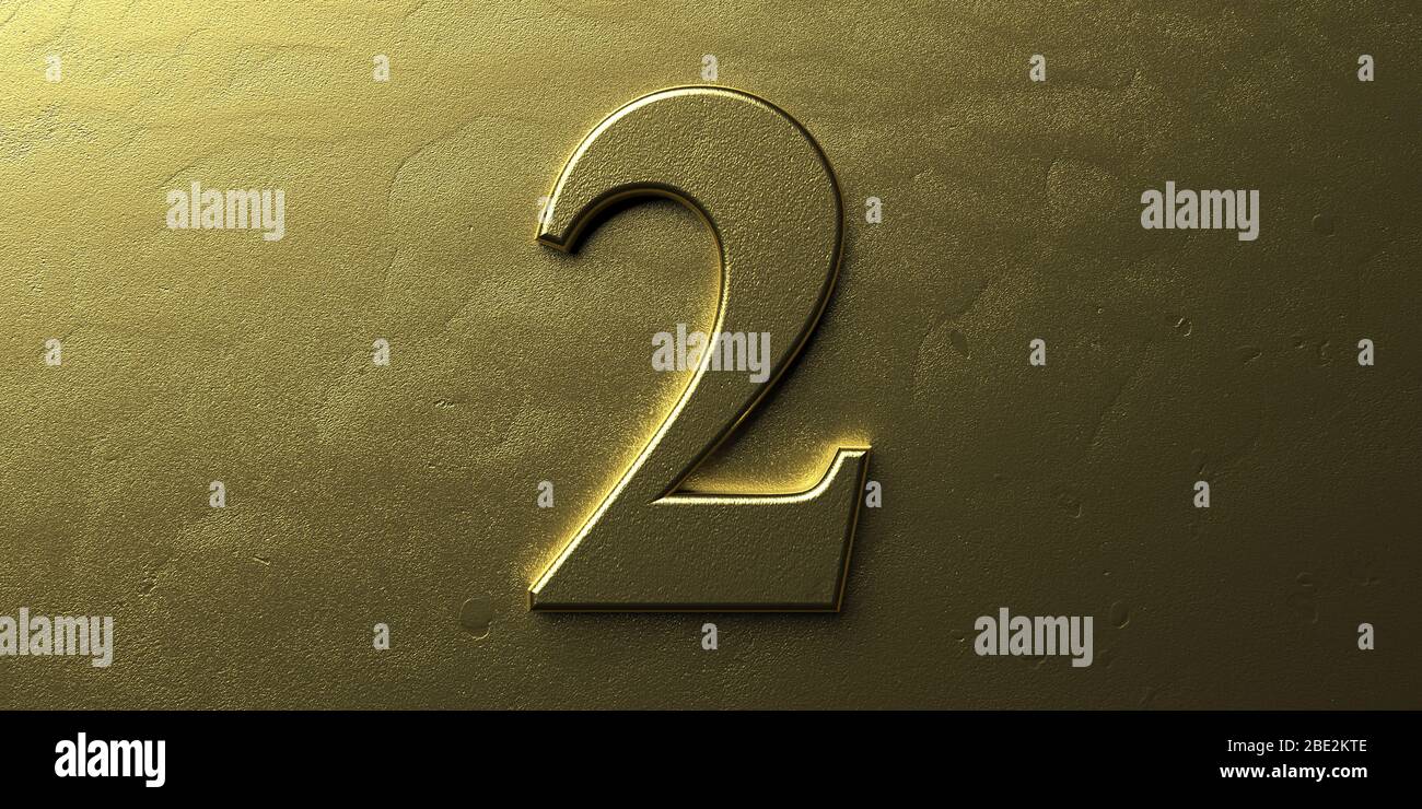 Two, number 2. Gold color glossy digit 2 on golden metal luxury ...
