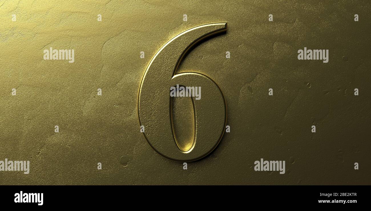 Six, number 6. Gold glossy color digit 6 on golden metal luxury ...