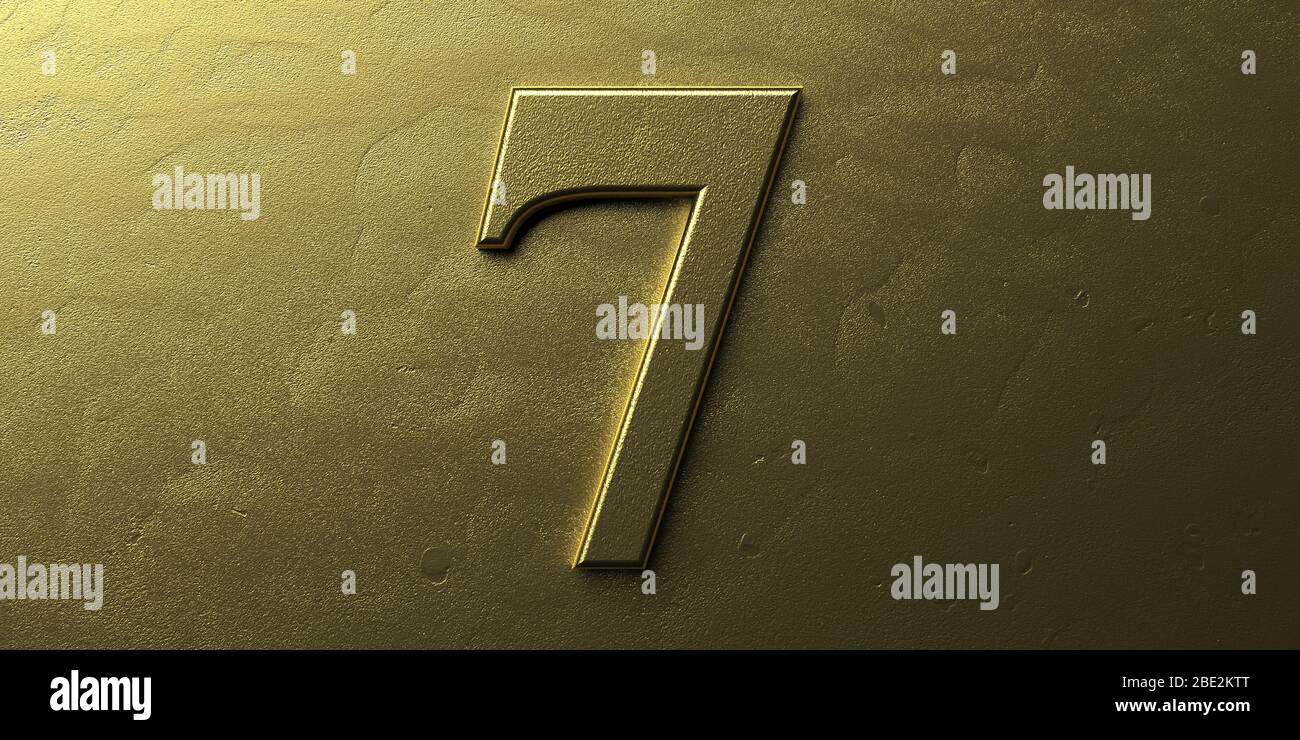 Seven, number 7. Gold glossy color digit 7 on golden metal luxury ...