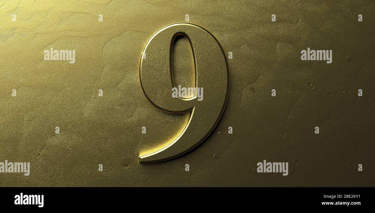 Nine, number 9. Gold glossy color digit 9 on golden metal luxury ...