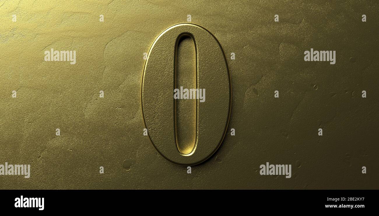 Zero, number 0. Gold glossy color digit 0 on golden metal luxury ...