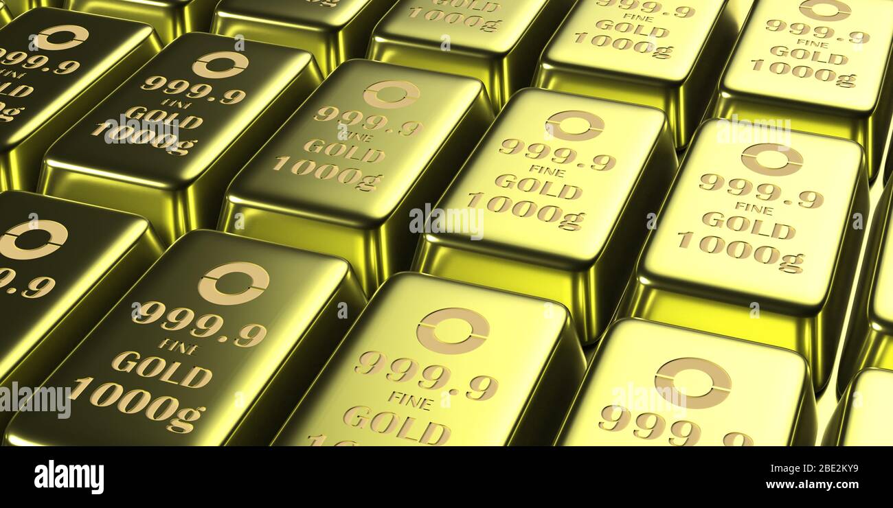 Gold bar stack background. Gold ingots 1000g weight closeup view ...