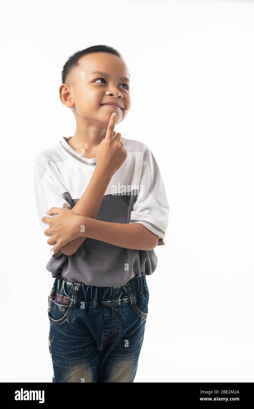 portrait of cute Asian boy student thinking isolated on white ...