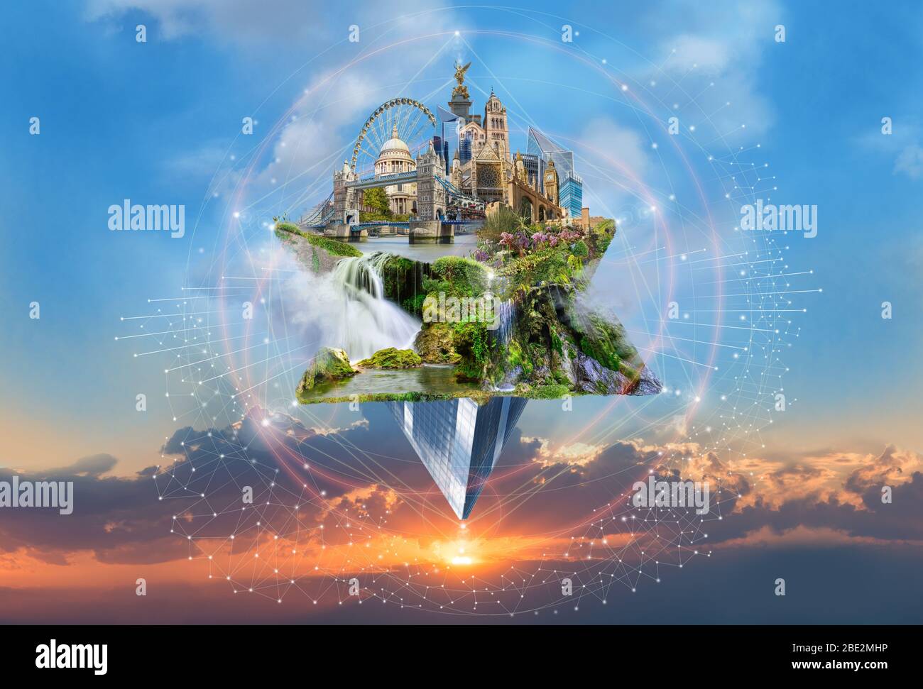 Famous London landmarks on a geometric shape, floating in the sky Stock ...