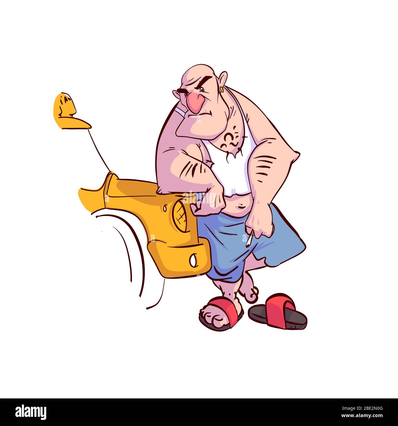 Colorful vector illustration of a grumpy bald taxi driver with a ...