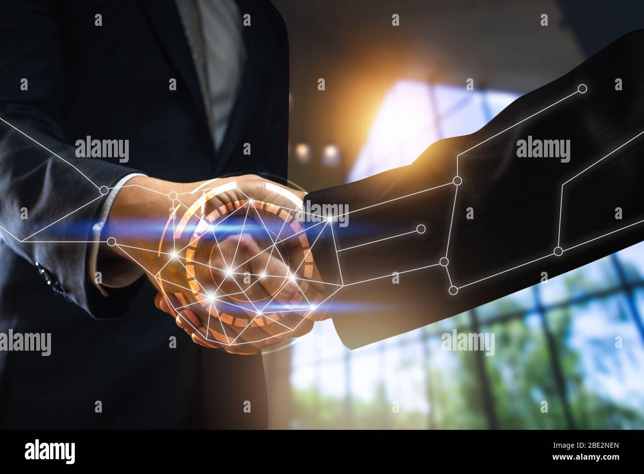 handshake and technology concept, businessmen shake hand with partner ...